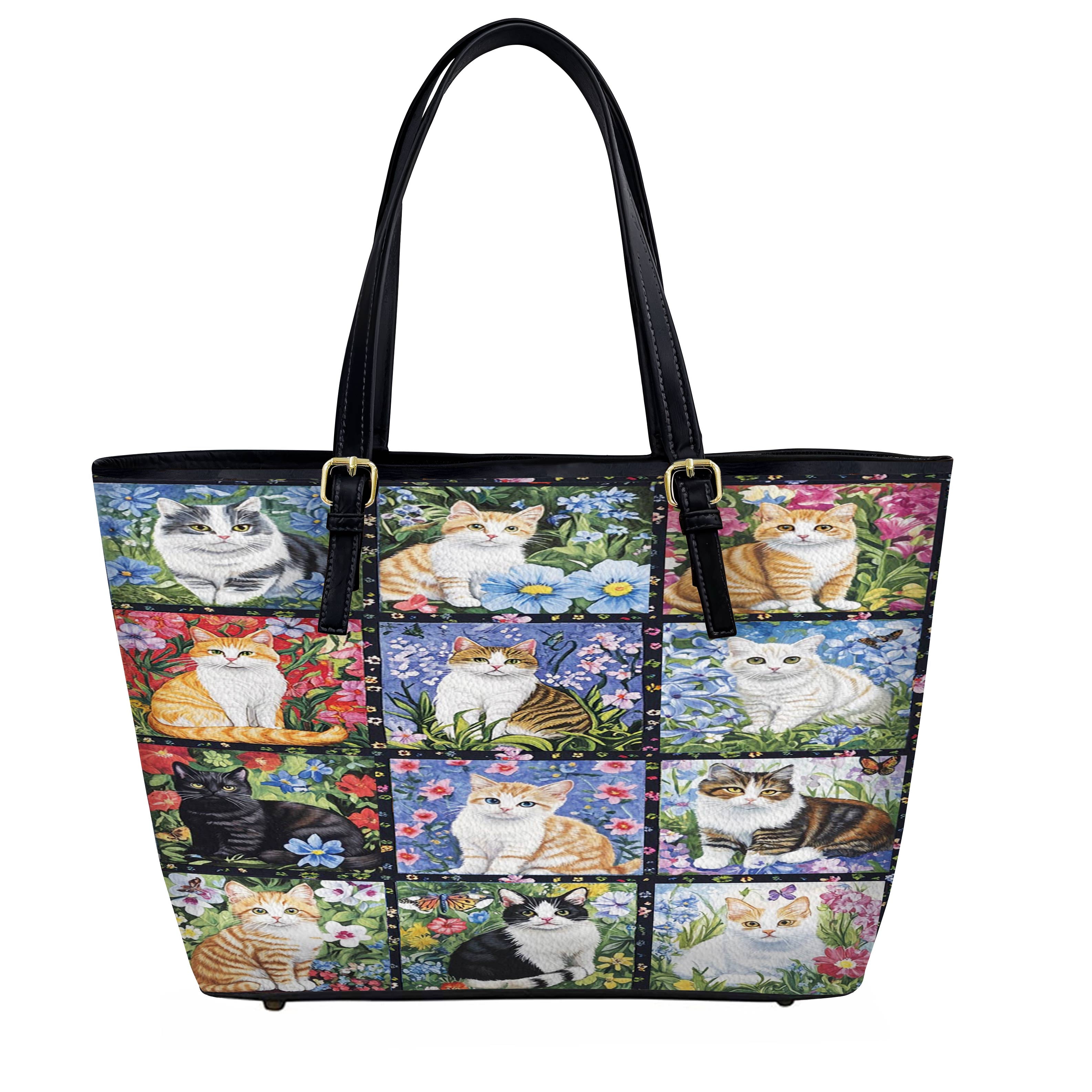 Lorva Leather Tote Bag Garden Story Cats
