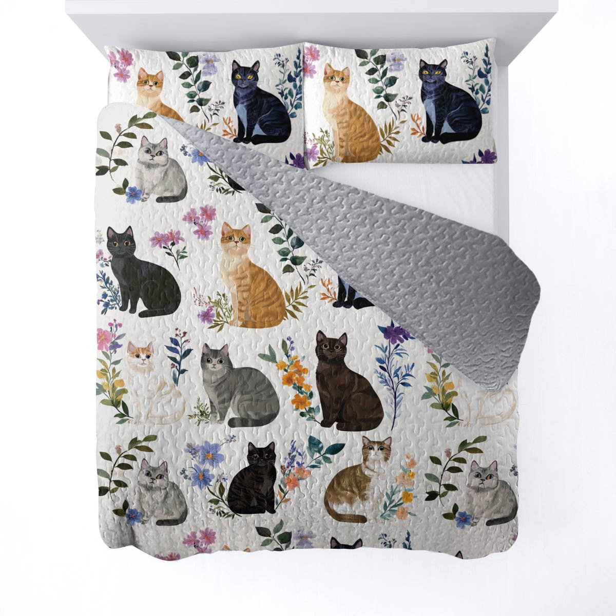 Lorva All Season Quilt 3-Piece Set Charming Floral Cats