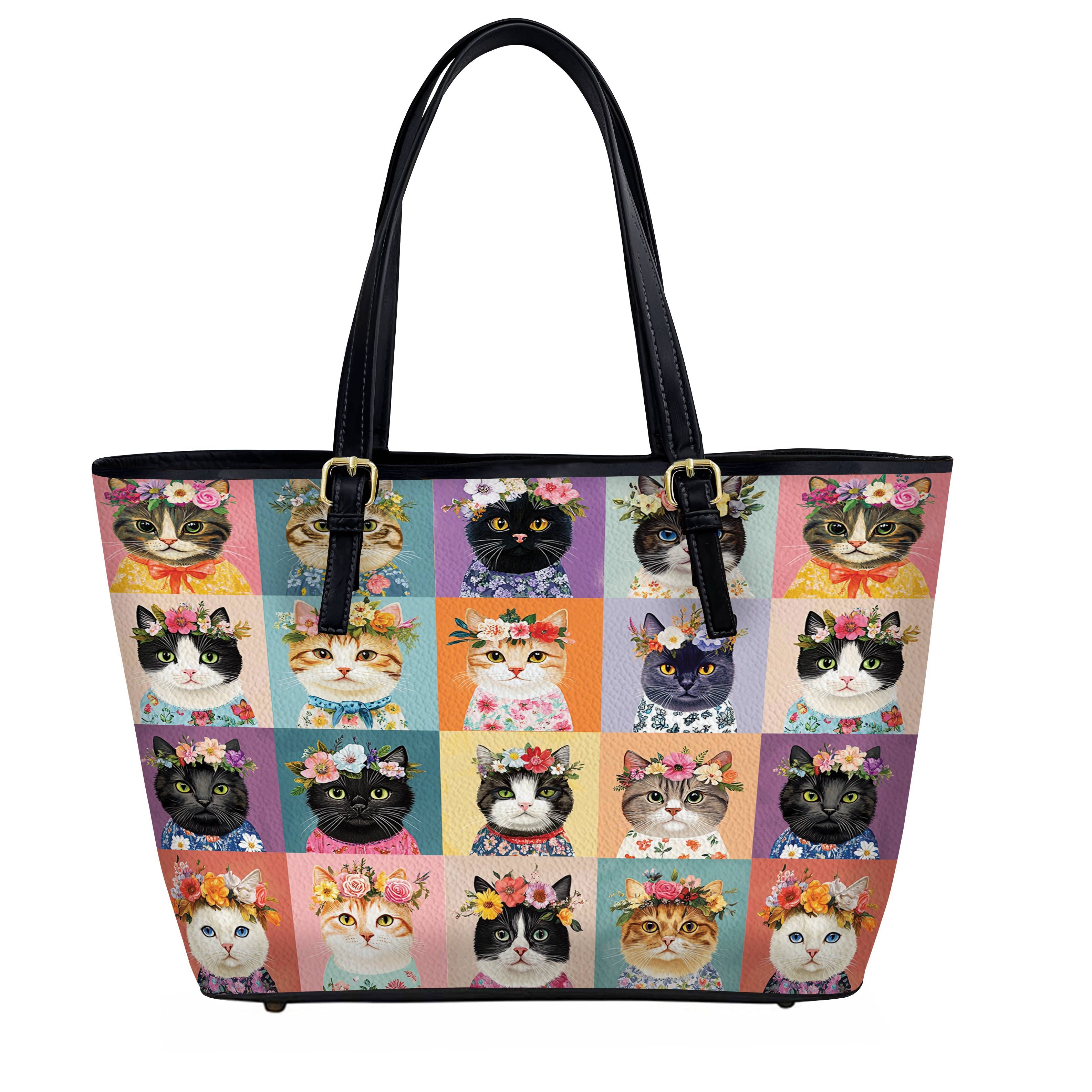 Lorva Leather Tote Bag Floral Crown Cats