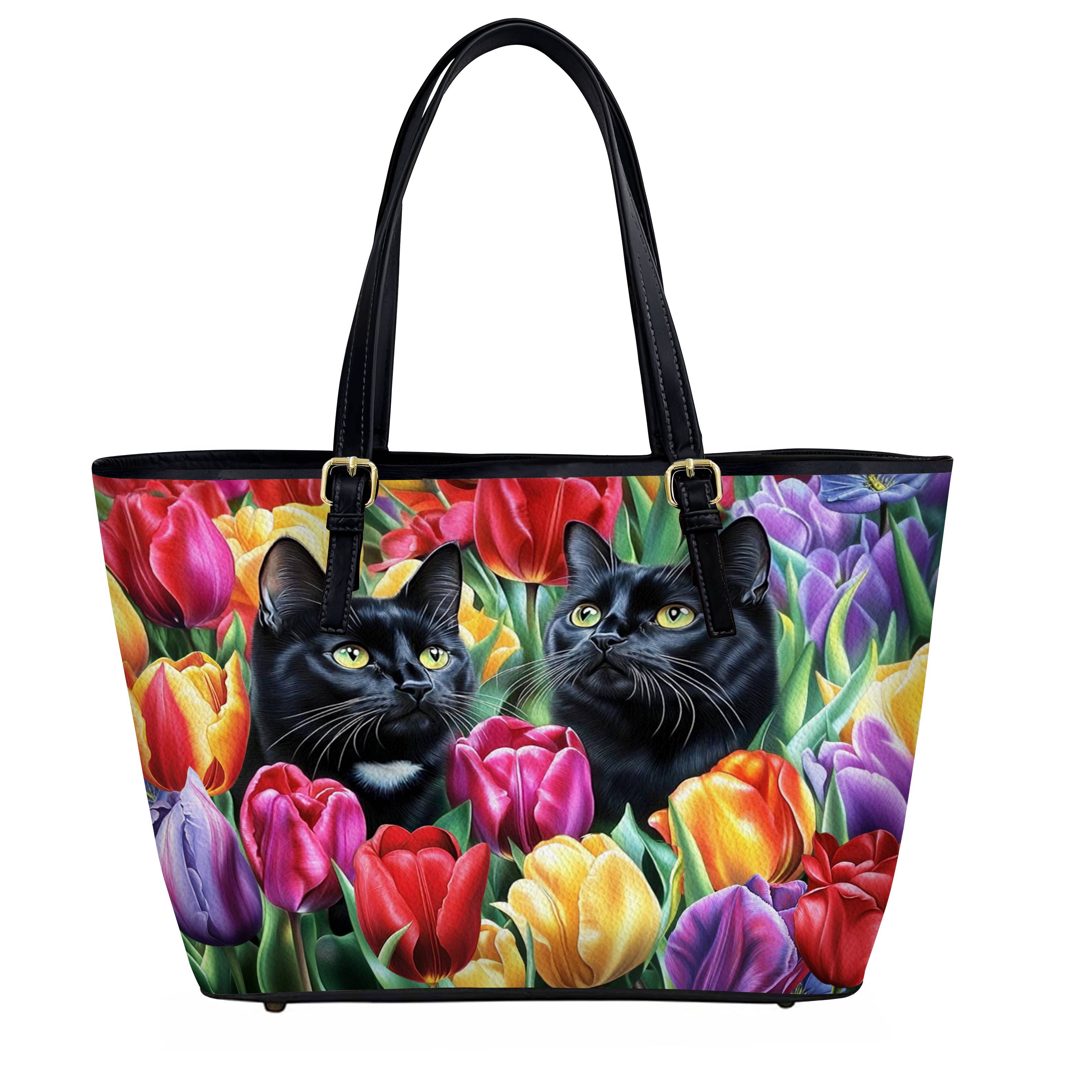 Lorva Leather Tote Bag Enchanted Black Cats In The Tulip Garden