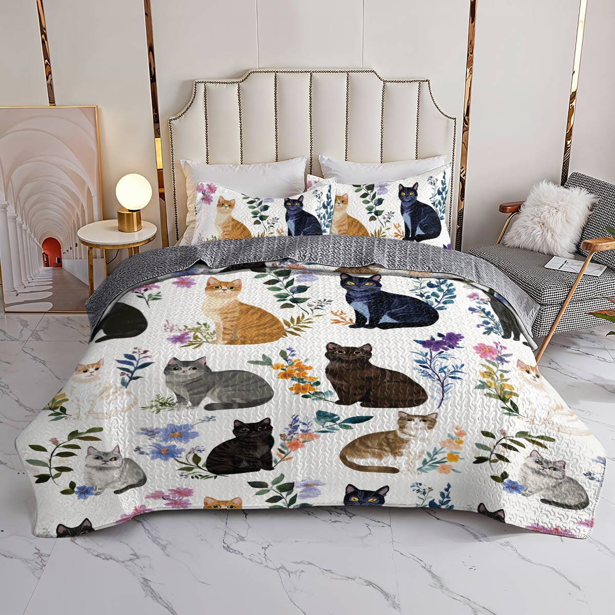 Lorva All Season Quilt 3-Piece Set Charming Floral Cats
